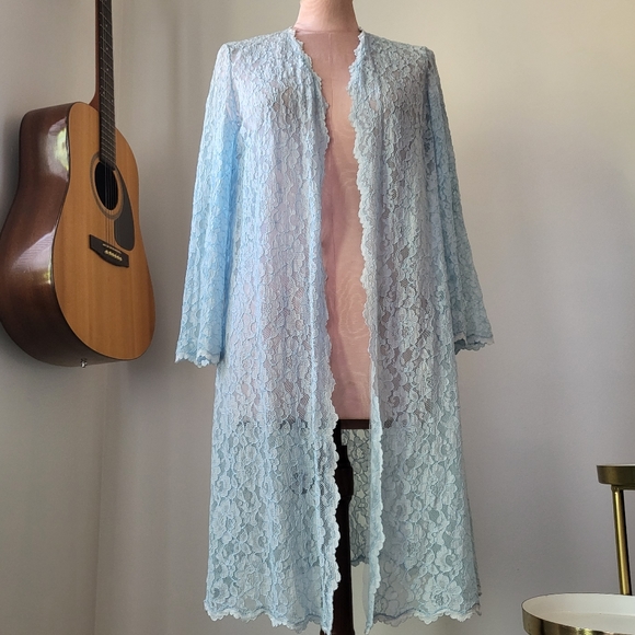Intimates & Sleepwear | Vintage Powder Blue Lace Cardigan Duster House ...